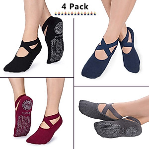 Ozaiic Non Slip Socks for Yoga Pilates Barre Fitness Hospital Socks for Women (4 Pairs - Black/Navy/D.gray/Burgundy)