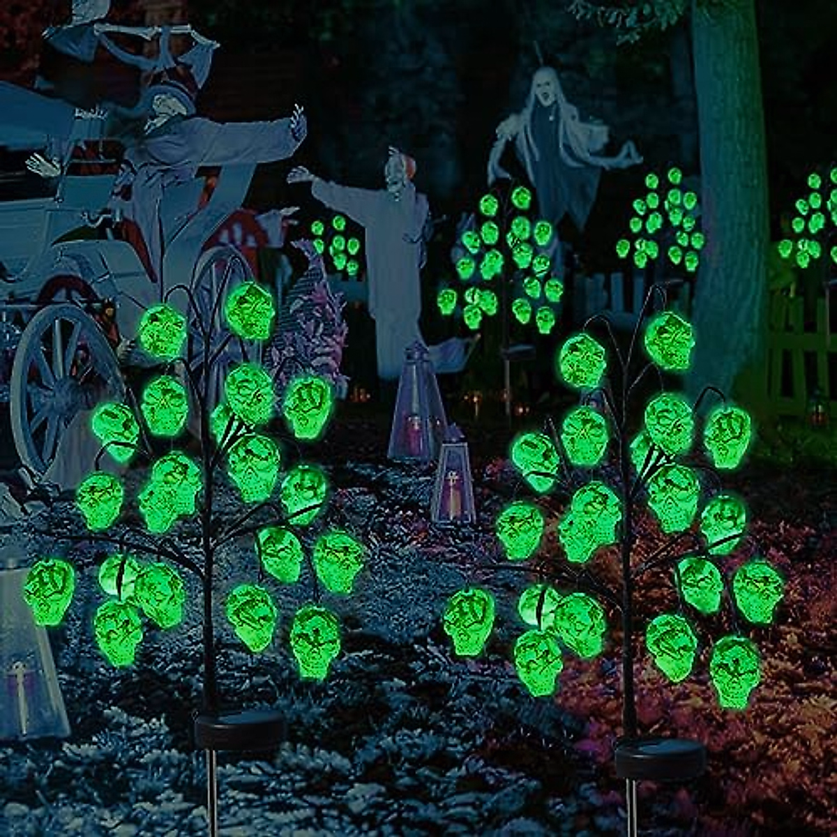 Upgraded 2 Pack Solar Halloween Decorations Lights, Halloween Outdoor Solar Stake Sign Lights with Scary Skull Shape Green LED Lights for Halloween Outdoor Pathway Cemetery Garden Yard Porch Decor