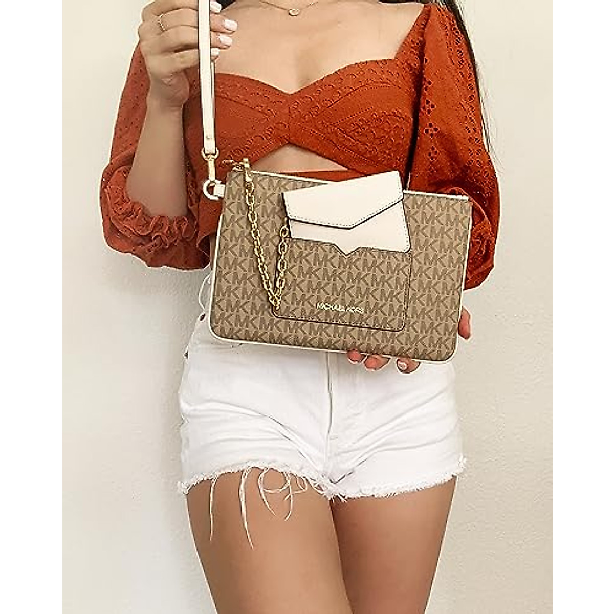 Michael Kors Jet Set Travel Large 2 In 1 Card Case and Wristlet Clutch MK Signature (Light Cream)