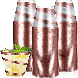 Gejoy 9 oz Rimmed Swirl Plastic Cups Disposable Wine Drinking Cups Clear Elegant Wedding Tumblers for Engagement Single Party Supplies(Rose Gold)
