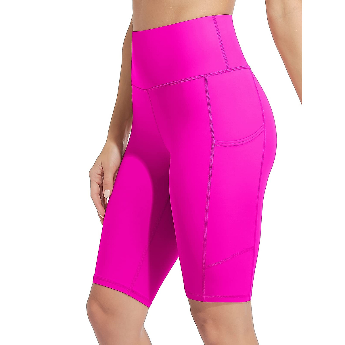 SOCIALA Women's Knee Length High Waist Biker Shorts with Pockets Tummy Control Compression Yoga Running Short Magenta