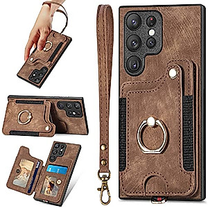 S22 Ultra Case,Card Holder Wallet for Galaxy S22 Ultra Case,Ring Holder Stand,RFID-Blocking,Wrist Strap,Camera Protector,Leather Protective Magnetic Flip Cover for Samsung S22 Ultra Case (Brown)