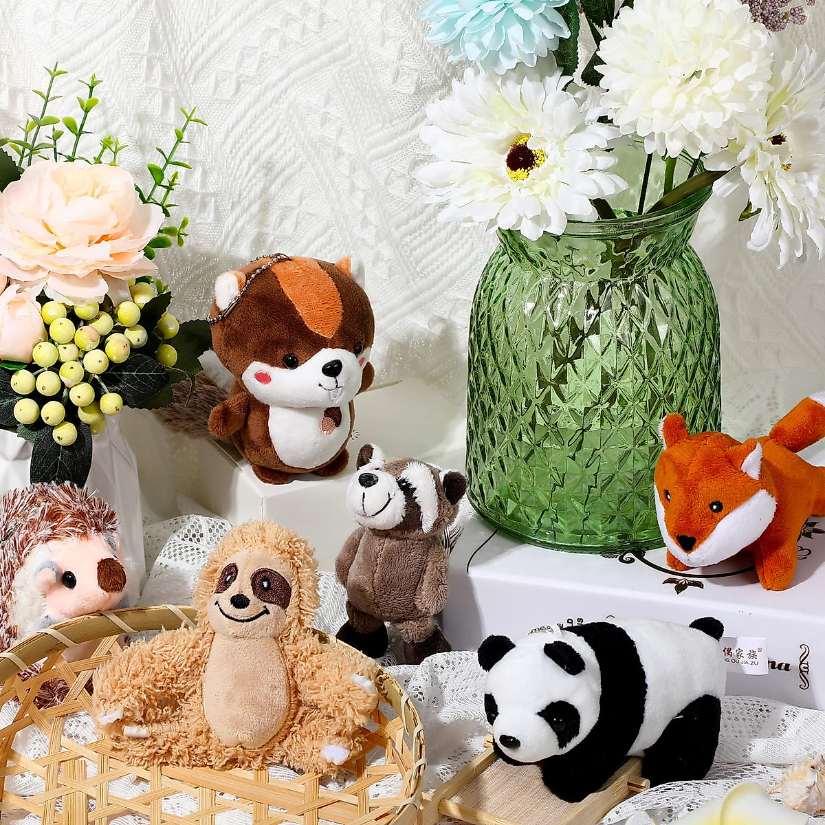 Threan 6 Pcs Woodland Animal Jungle Animal 4 Inch Small Plush Toy Forest Safari Stuffed Animals Set, Panda, Raccoon, Sloth, Big Tail Squirrel, Fox, Hedgehog Animals for Kids Student Award