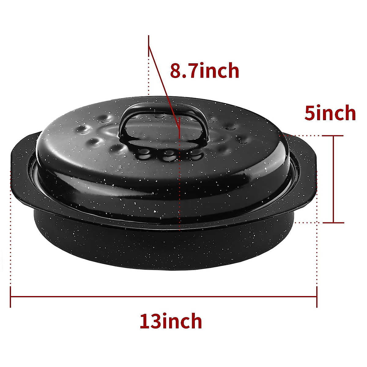 DIMESHY 13Inch Roasting Pan, Enamel on Steel, Black Covered Oval Roaster Pan with Lid, Small Cookware for Turkey, Small Chicken, Roast Baking Pan.