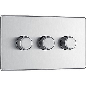 BG Electrical FBS83P-01 Screwless Flat Plate 400W 3 Gang 2 Way Push Dimmer Switch, Brushed Steel, 400 W