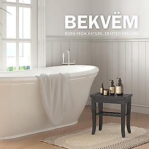 BEKVEM Bamboo Shower Bench, Spa Small Shower Stool for Inside Shower Waterproof, Bathroom Bench Seat with Storage Shelf for Adults Elderly Seniors, Wood Chair for Indoor or Outdoor Use, Black