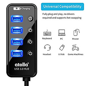 Atolla 4-Port USB 3.0 Hub with 4 Data Ports, 1 Smart Charging Port, Individual On/Off Switches and 5V/3A Adapter