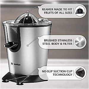 Eurolux Electric Citrus Juicer Squeezer, for Orange, Lemon, Grapefruit, With 160 Watts of Power, Brushed Stainless Steel