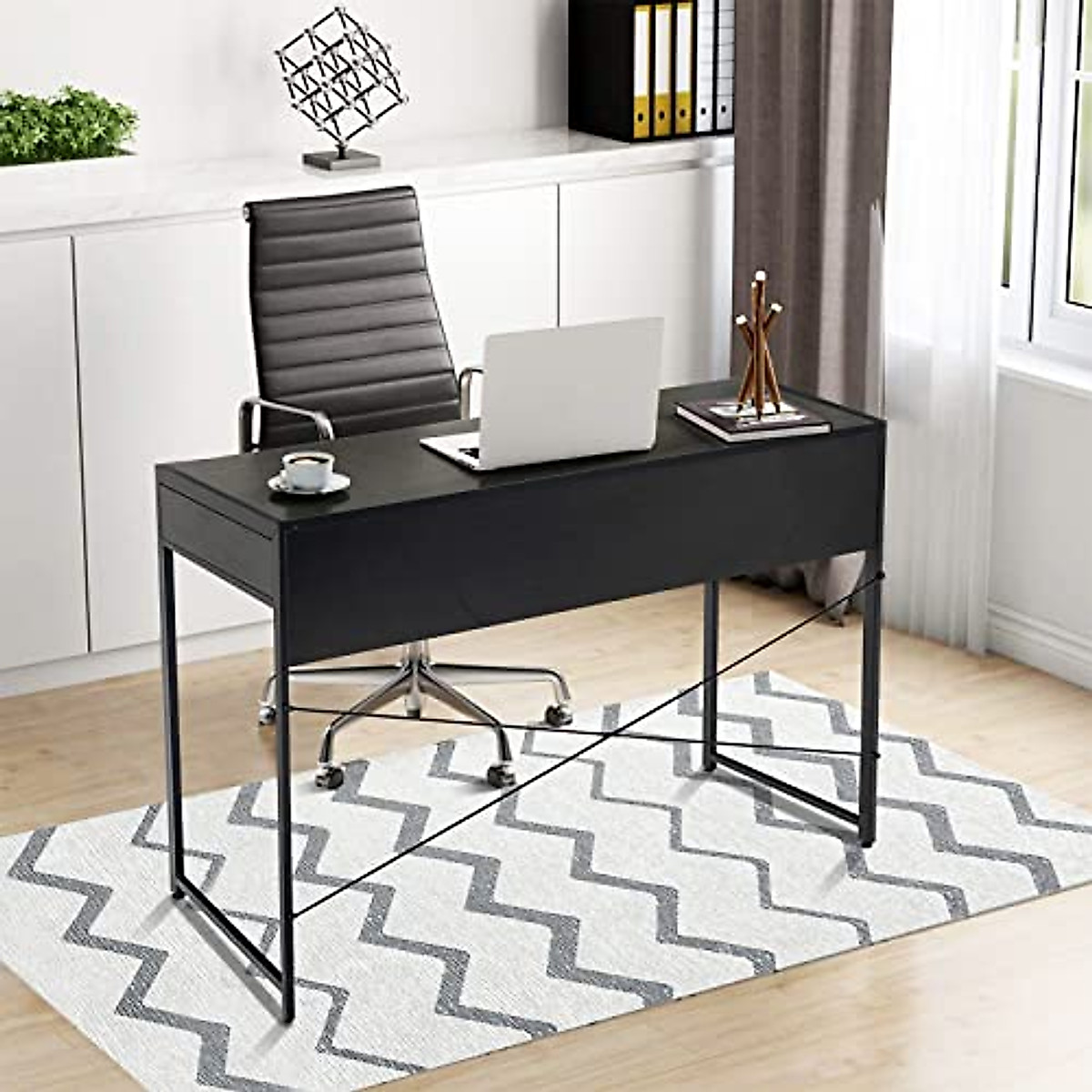 GOFLAME 44 inch Computer Desk with 2 Storage Drawers, Home Office Desk with Steel Frame, Simple Study Writing Workstation, Makeup Vanity Console Table for Living Room, Bedroom & Study (Black)