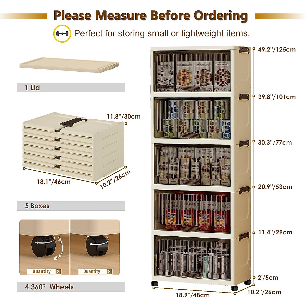 Storage Bins with Lids, 5 Tiers Clear Plastic Storage Bins, Universal wheel Storage Bins, Stackable Storage Containers,Closet Storage Bins, Foldable Box for Dorm Bedroom Organizing