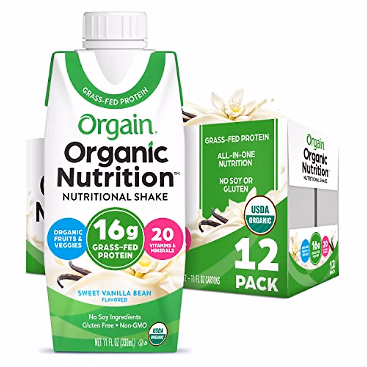 Orgain Organic Nutritional Shake, Vanilla Bean - Meal Replacement, 16g Grass Fed Whey Protein, 20 Vitamins & Minerals, Gluten Free, Soy Free, Kosher, Non-GMO, 11 Fl Oz (Pack of 12)
