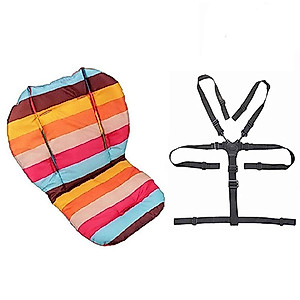 Twoworld Baby High Chair Seat Cushion Liner Mat Pad Cover Rainbow Striped Water Resistant and High Chair Straps (5 Point Harness) 1 Suit