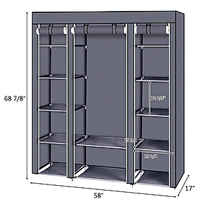 59" SP512 Portable Closet Organizer Non-Woven Fabric Clothes Wardrobe Closet Shelves,Quick and Easy to Assemble (Grey)