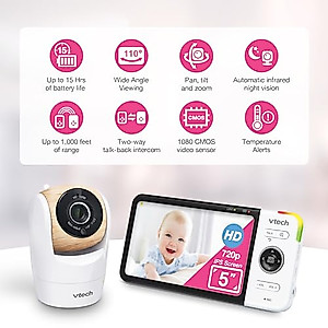 VTech VM928HD 5” 720p HD Display, Super 110 Wide Angle View Baby Monitor, Remote Pan-Tilt-Zoom,Night Vision, Up to 1000ft Range, Temperature Sensor, 9 Soothing Sounds & Lullabies,2-way Talk, No WiFi