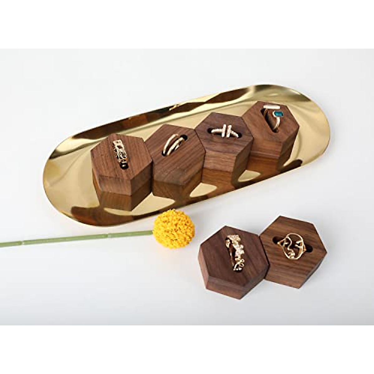 GemeShou 6pcs Wood Jewelry Ring Storage organizers, Hexagon Retail ring display slot stand, Small walnut Jewelry ring holder tray for Girl Woman Room Decoration【Walnut - Hexagon 6pcs】