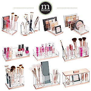 mDesign 3- Section Makeup Brush Organizer for Bathroom Vanity - Plastic Brush Holder for Makeup - Storage Cup for Eyeliner, Lipstick, Concealer - Cosmetic Holder, Lumiere Collection, Clear/Rose Gold