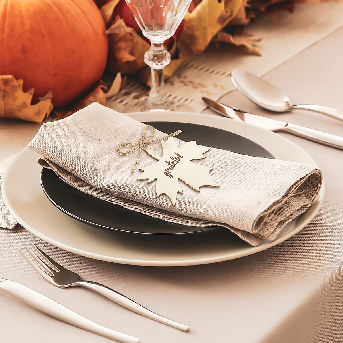 Bucherry 12 Pieces Fall Thanksgiving Place Cutout Thankful Grateful Blessed Place Cards Thankful Rustic Wooden Sign Hanging Ornament Table Setting Decorations