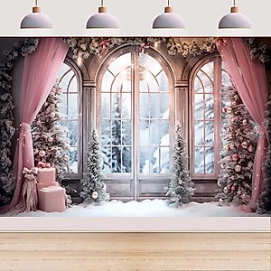 Pink Curtain Winter Xmas Photo Background Christmas Winter Snow Forest Window Photography Background Family Holiday Party Decorations Baby Shower 1st Birthday Backdrop,8X6FT