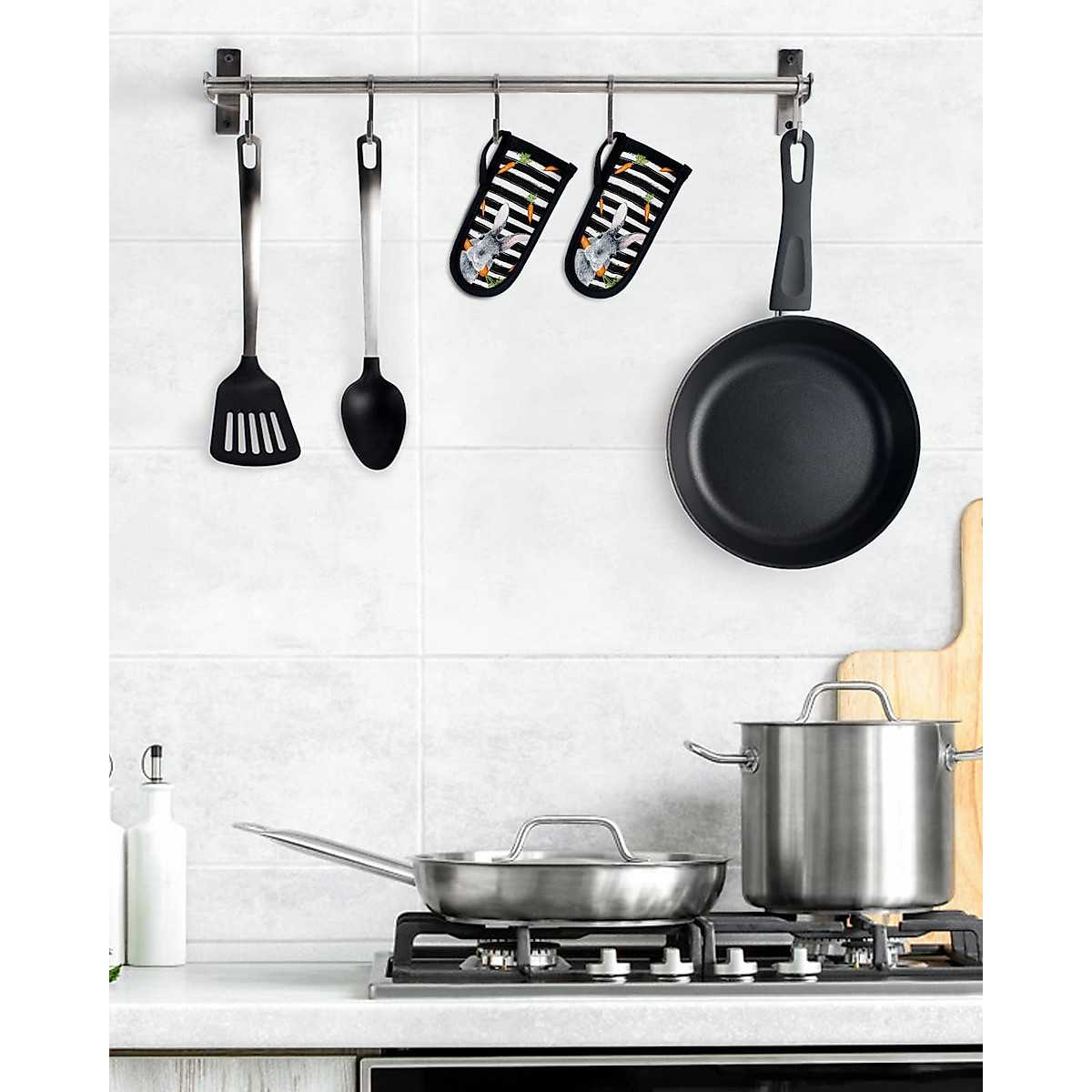 2 Pack Cast Iron Handle Cover, Spring Easter Pot Holders Covers Heat Insulation, Black and White Striped Bunny Carrot Skillet Handle Cover Hot Pan Handle Sleeve for Kitchen Cooking Cookware