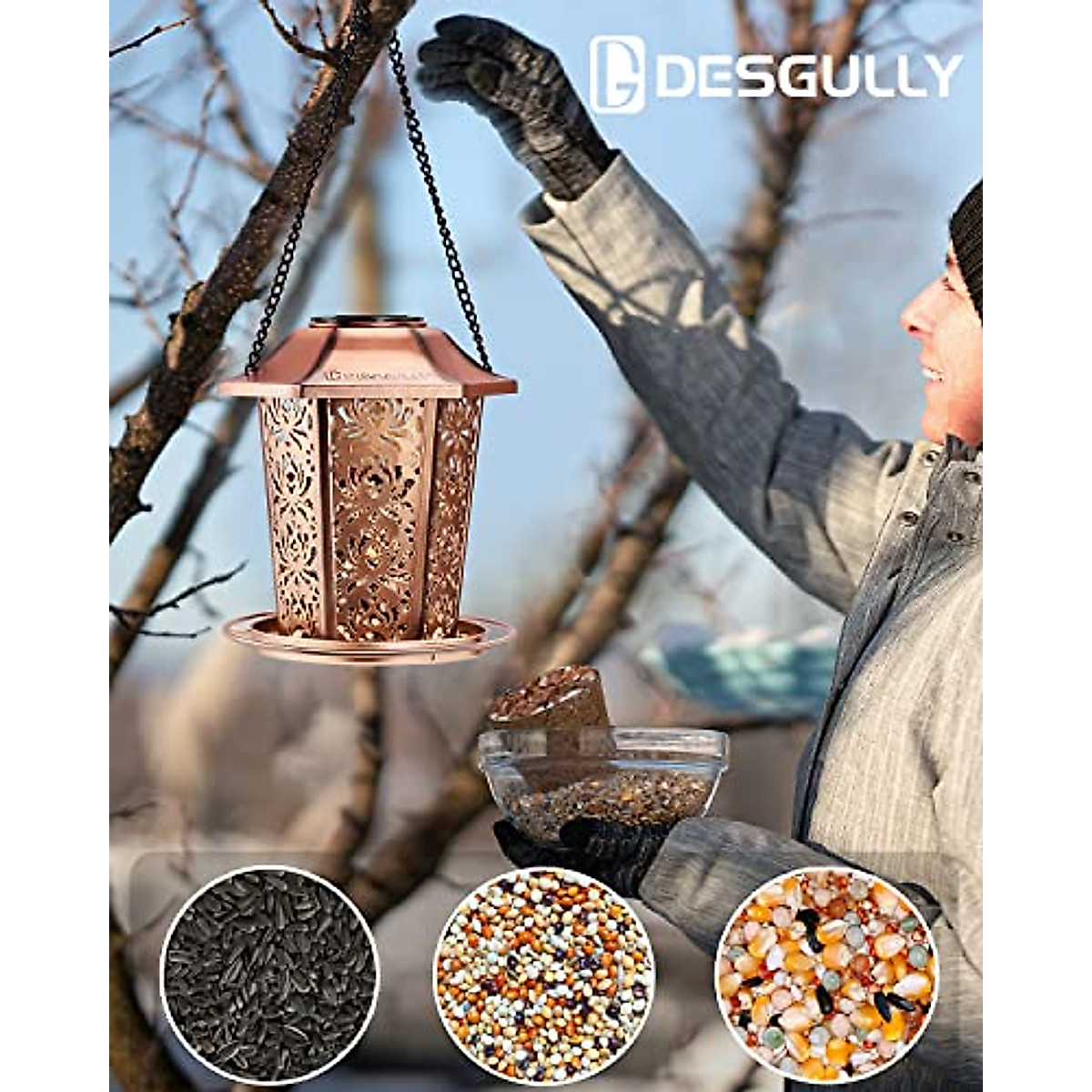 Solar Bird Feeders for Outdoors Hanging - Premium Grade Metal Bird Feeder, Chew-Proof, Weather and Water Resistant Wild Bird feeders, Outside and Garden Decoration (Standard)