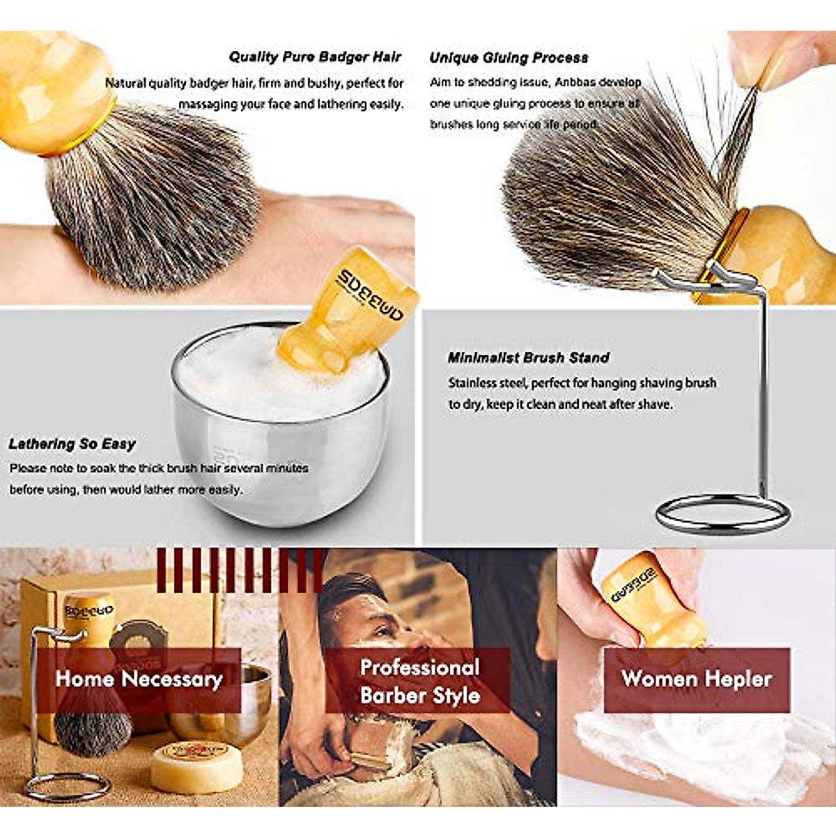 Shaving Brush Set, 4in1 Anbbas Fine Badger Shave Brush Wood Handle,Stainless Steel Shaving Stand and Soap Cup Dia 3.2inches with Shaving Soap Bar Natural Organic 3.5oz for Men