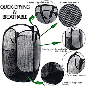 Plehoth Mesh Popup Laundry Hamper Large Collapsible Laundry Basket Width Side Pocket & Handles Foldable Clothes Hamper for Collage Dorms, Kids Rooms or Travel (Black)
