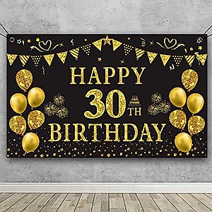 Trgowaul 30th Birthday Backdrop Gold and Black 5.9 X 3.6 Fts Happy Birthday Party Decorations Banner for Women Men Photography Supplies Background Happy Birthday Decoration