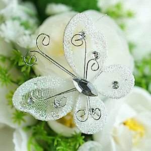 Tableclothsfactory 12 Pack White 2" Crystal Studded Organza Butterflies for Wedding Decorations