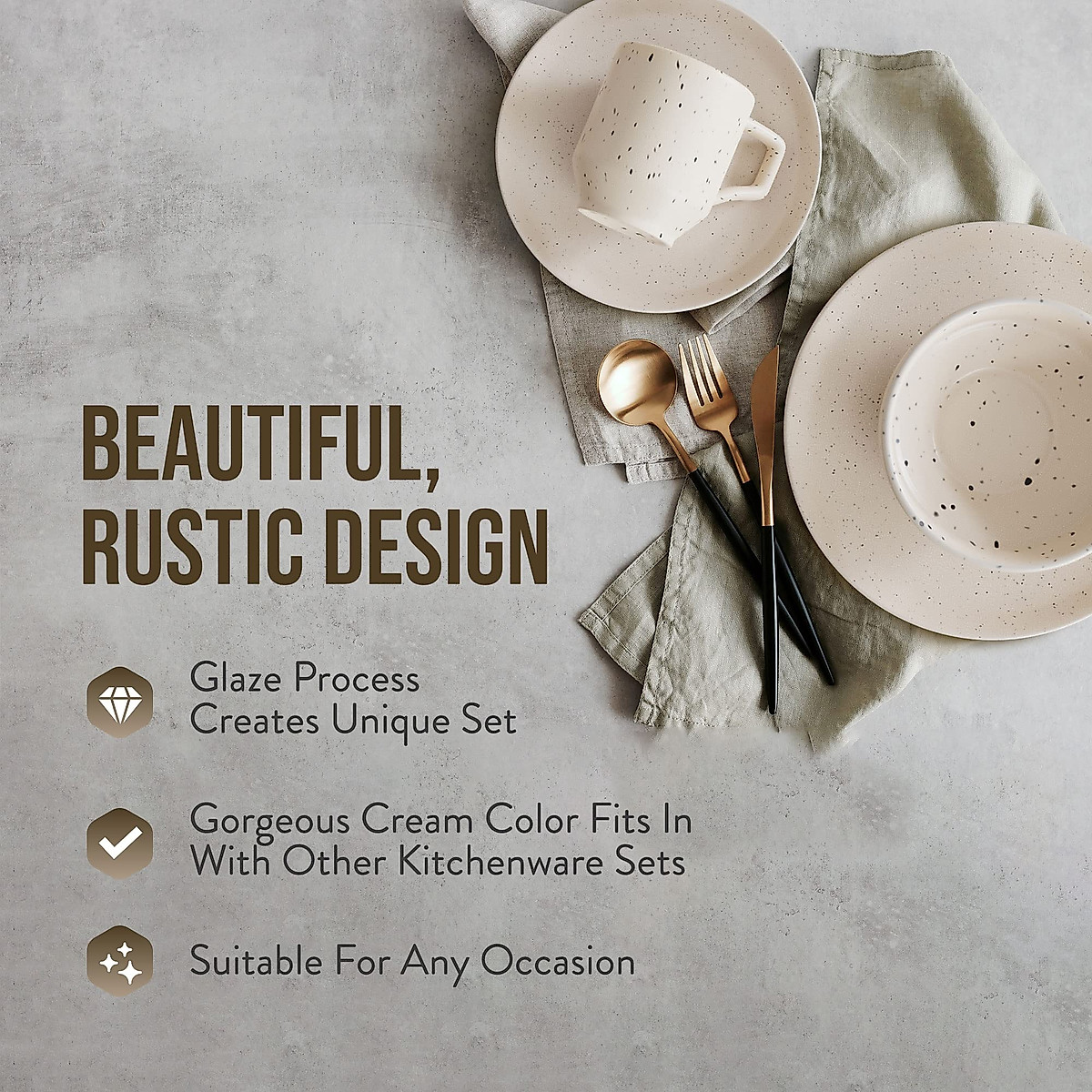 American Atelier Reactive 4-Piece Stoneware Place Setting | Coffee Mug, Bowl, Plate Set | Kitchenware | Stoneware Dinnerware Set | Microwave, Dishwasher Safe | Service for 1 (Speckled Cream)