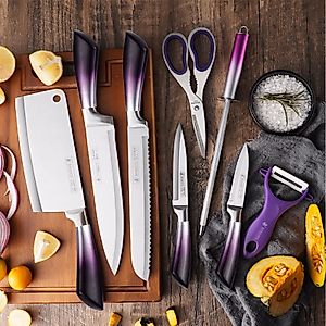 Kitchen Knife Set, 9-Piece Purple Professional Kitchen Knives Set with Acrylic Block, Non Stick Sharp Stainless Steel Chef Knife Set with Sharpener for Kitchen Cutting Kitchen Gifts for Women