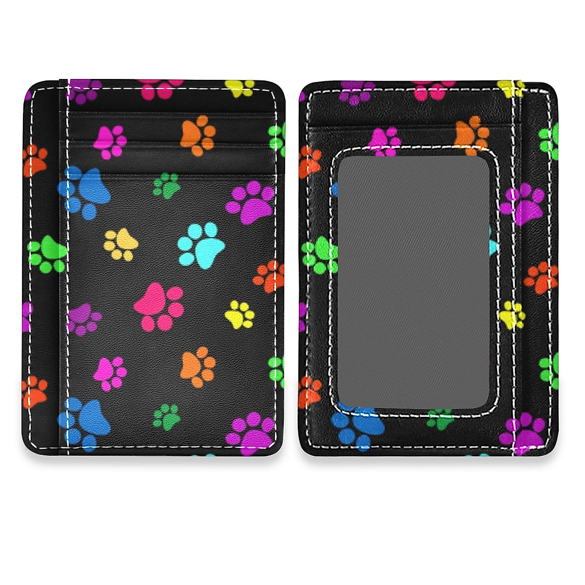 Linomo Thin leather Card Holder and Money Clip Colorful Dog Paw Print Wallet RFID Blocking for Men & Women