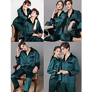 SWOMOG Couples Pajama Sets Women & Men Silky Satin Long Sleeve Sleepwear Classic Button Down Soft Loungewear Pjs Set Women Deep Green Large