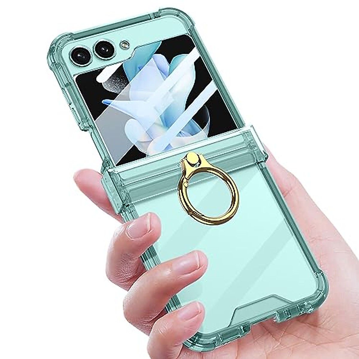 DALUZ Designed for Samsung Galaxy Z Flip 5 Case, Full-Body Bumper Case for Z Flip 5 with Built-in Tempered Glass Back Screen Protector, Slim Clear Galaxy Z Flip 5 Case with Ring Kickstand