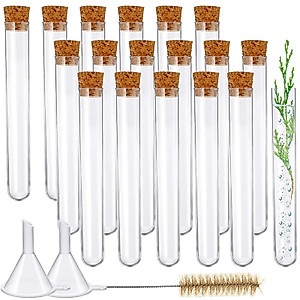 Weewooday 20 Pieces Plastic Test Tubes with Cork Stoppers and 2 Funnels, 1 Brush for Halloween Science Party, Christmas Candy Bath Salt Storage Containers (15 x 100 mm, 10 ml)