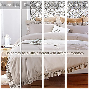3 Pieces Duvet Cover Set Washed Cotton Taupe Ruffled Duvet Quilt Cover with Zipper Bedding Set Queen Size-Shabby Ruffle, Taupe