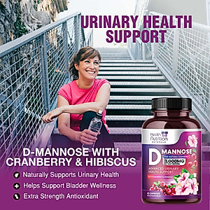 D-Mannose & Cranberry Extract 1350mg Advanced Formula, Fast-Acting Natural Urinary Tract Health Support for Women & Men, Flush Impurities in Urinary Tract & Bladder, Non-GMO, Vegan - 60 Capsules