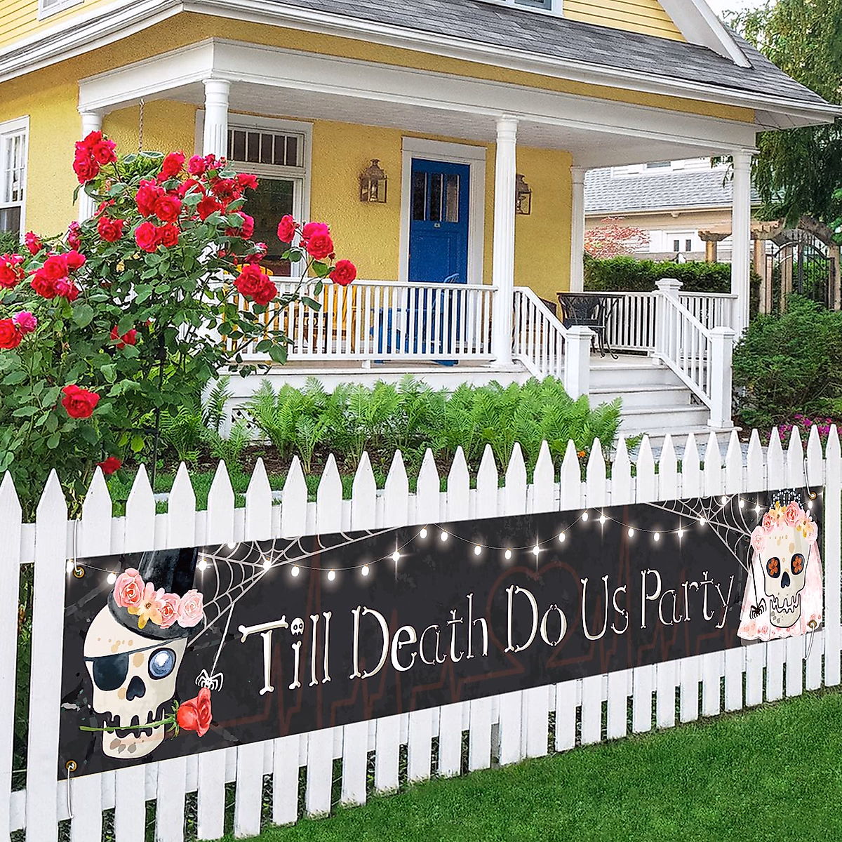 MELTELOT Large Halloween Till Death Do Us Part Banner,Skull Mr and Mrs Anniversary Valentines Birthday Party Decorations,Spooky Engagement Wedding Bridal Shower Lawn Sign Yard Sign Banner Backdrop