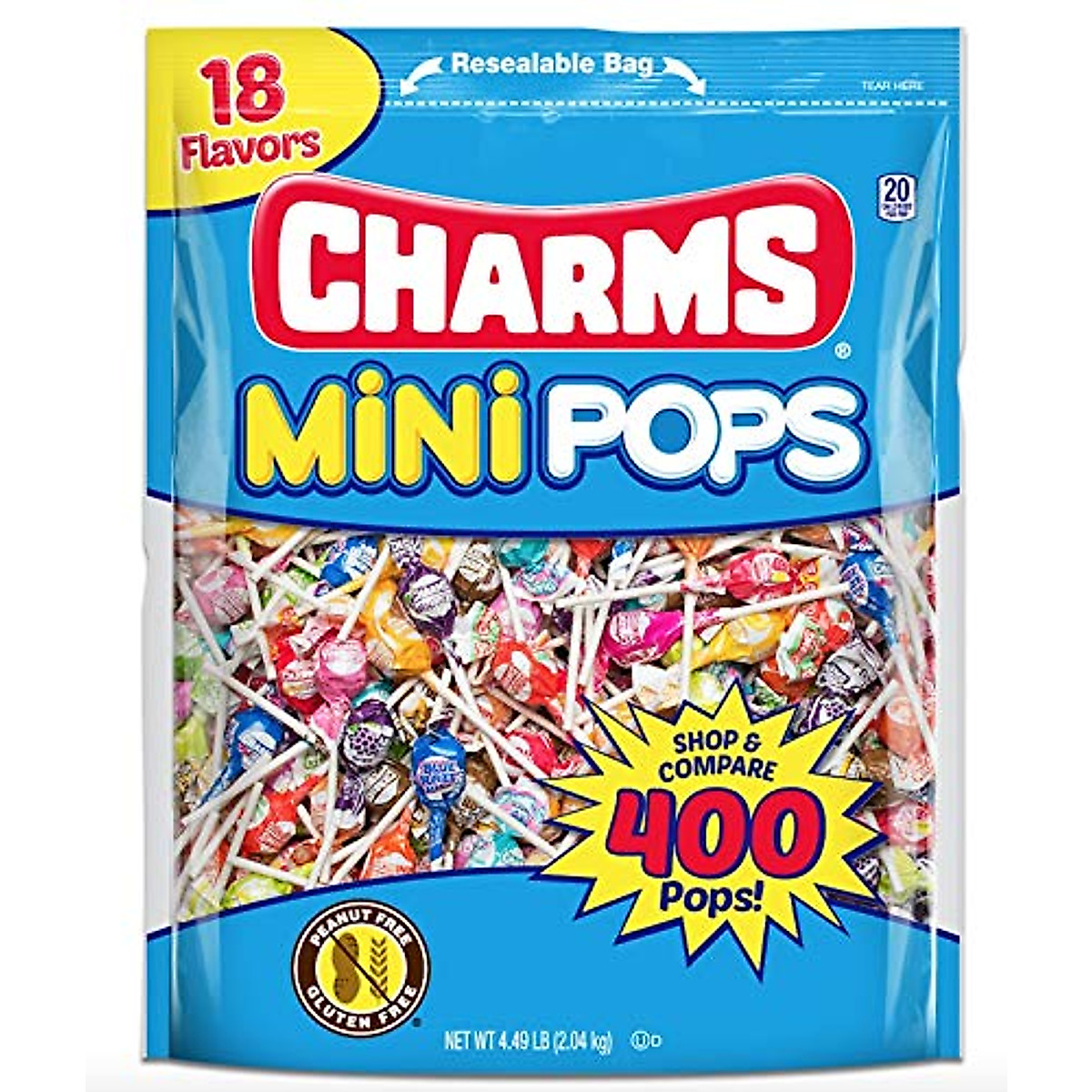 Tootsie Roll Charms Mini Pops, 18 Flavors,5 pounds, 400 Count Individually Wrapped, Peanut-Free Lollipops