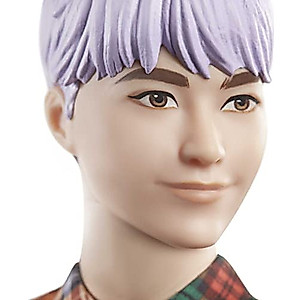 Barbie Ken Fashionistas Doll #154 with Sculpted Purple Hair Wearing a Color-Blocked Plaid Shirt, Black Denim Pants & Boots, Toy for Kids 3 to 8 Years Old