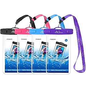 MoKo Waterproof Phone Pouch 4Pack, Underwater Phone Case Dry Bag with Lanyard Compatible with iPhone 14 13 12 11 Pro Max X/Xr/Xs Max/SE 3, Galaxy S21/S10/S9, Note 10/9/8, Black+Magenta+Blue+Purple