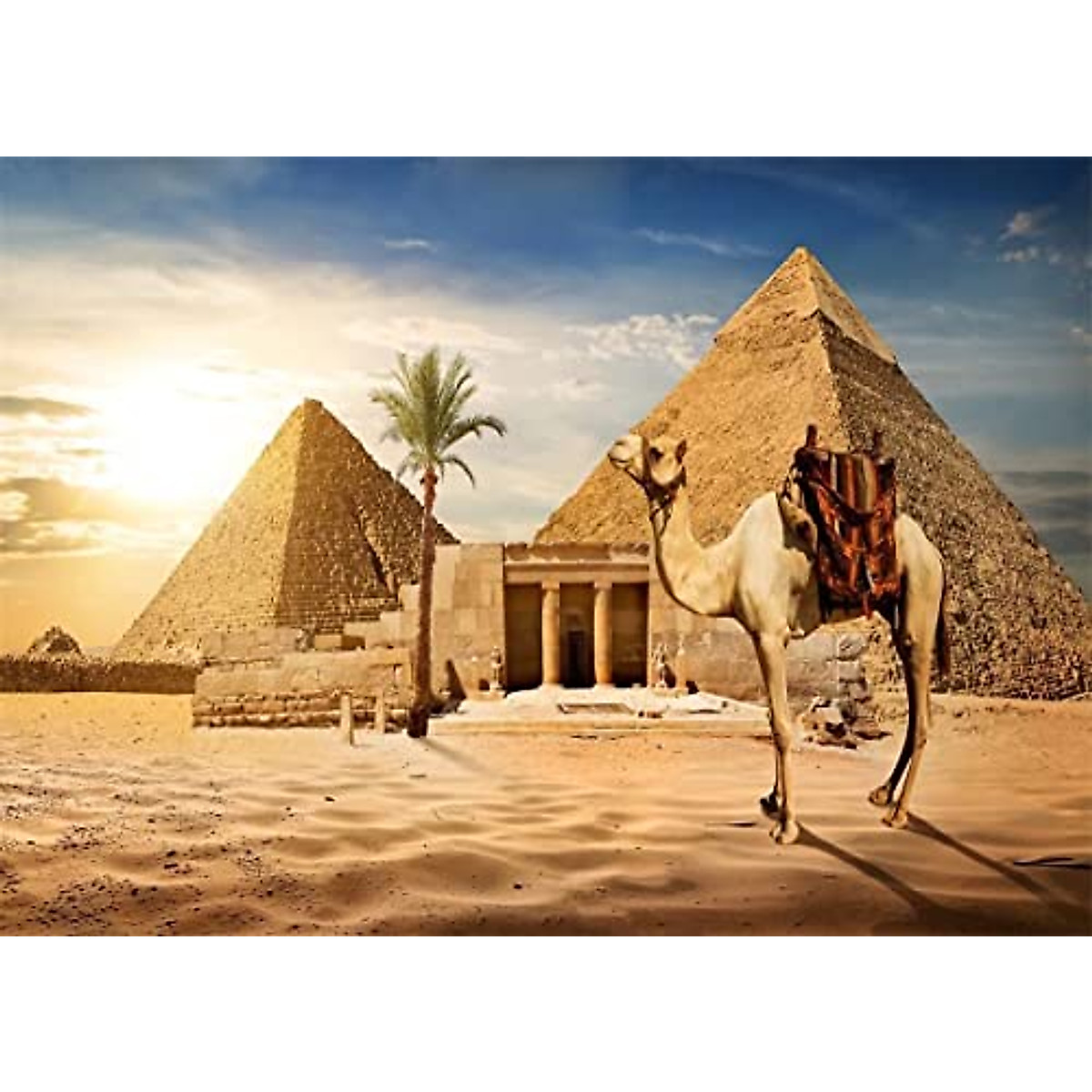 BELECO 9x6ft Fabric Egypt Pyramids Backdrop Photography Ancient Egyptian Pyramid Camel Backdrop Giza Desert Scene Coconut Tree Sunset Sky Scenery Room Decor Africa Desert Travel Portrait Photo Props