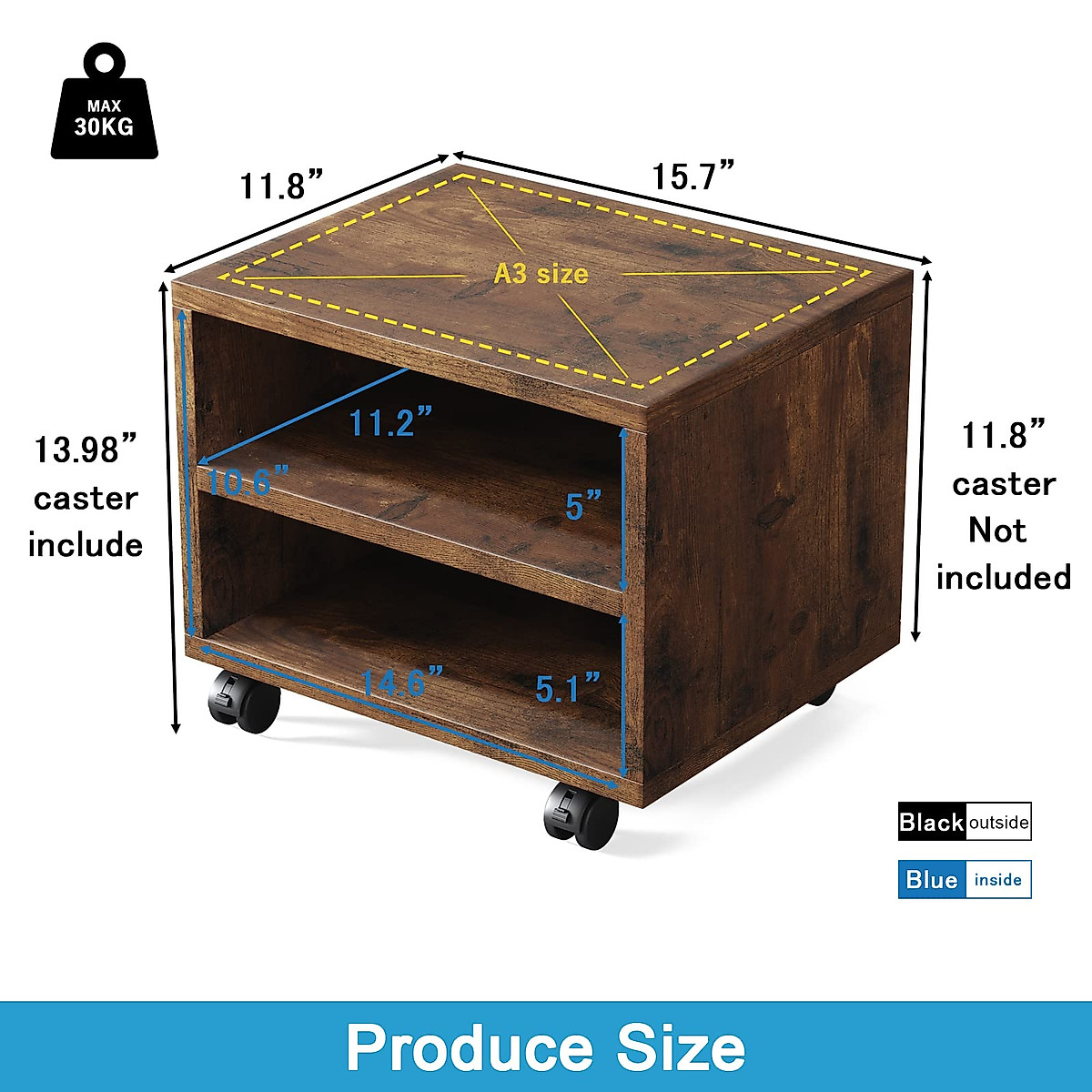 HANYEE Printer Stand with Storage - Wood Under Desk Printer Table with Wheels 15.7x11.8x14 Inch, 2 Tier Small Retro Brown Multifunctional Desktop Manager for Fax Machine, Scanner, Files(Rustic Brown)