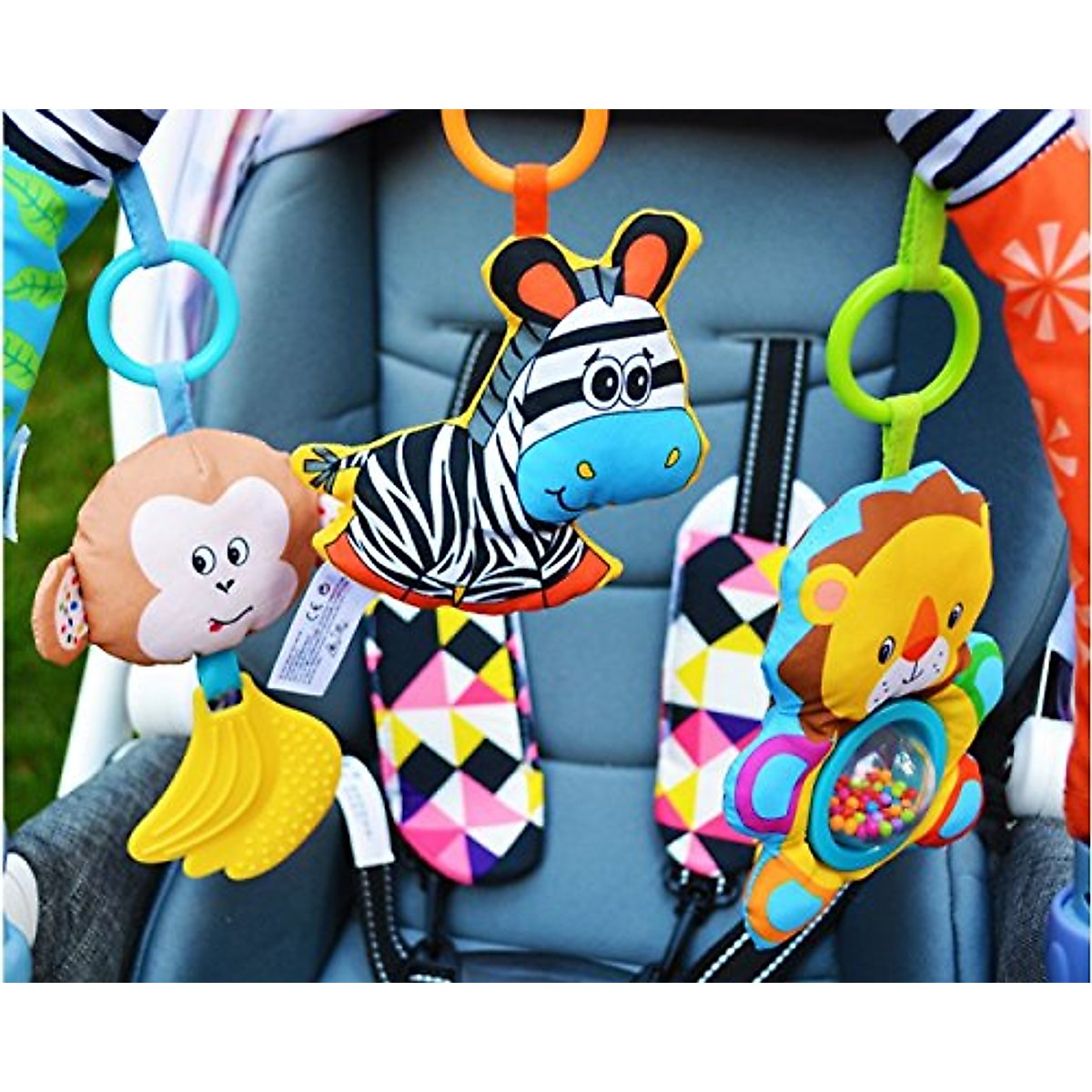 VX-star Baby Travel Play Arch Stroller/Crib Accessory,Cloth Animmal Toy and Pram Activity Bar with Rattle/Squeak/Teethers(Stripe)