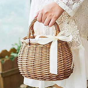 LIOOBO Rattan Woven Bag with Bow, Boho Style Beach Bag Flower Basket - Straw Bags Handle Wicker Baskets Handbags