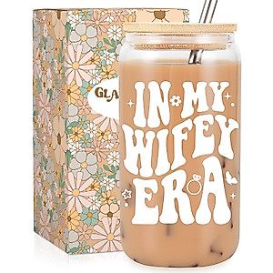 Fairy's Gift Wifey Cup, Engagement Gifts for Her, Bride Gifts, 16 oz Coffee Glass Cups with Lids Straws - in My Wifey Era - Wedding, Bridal Shower, Bachelorette Gifts for Bride, Bride to be Gifts