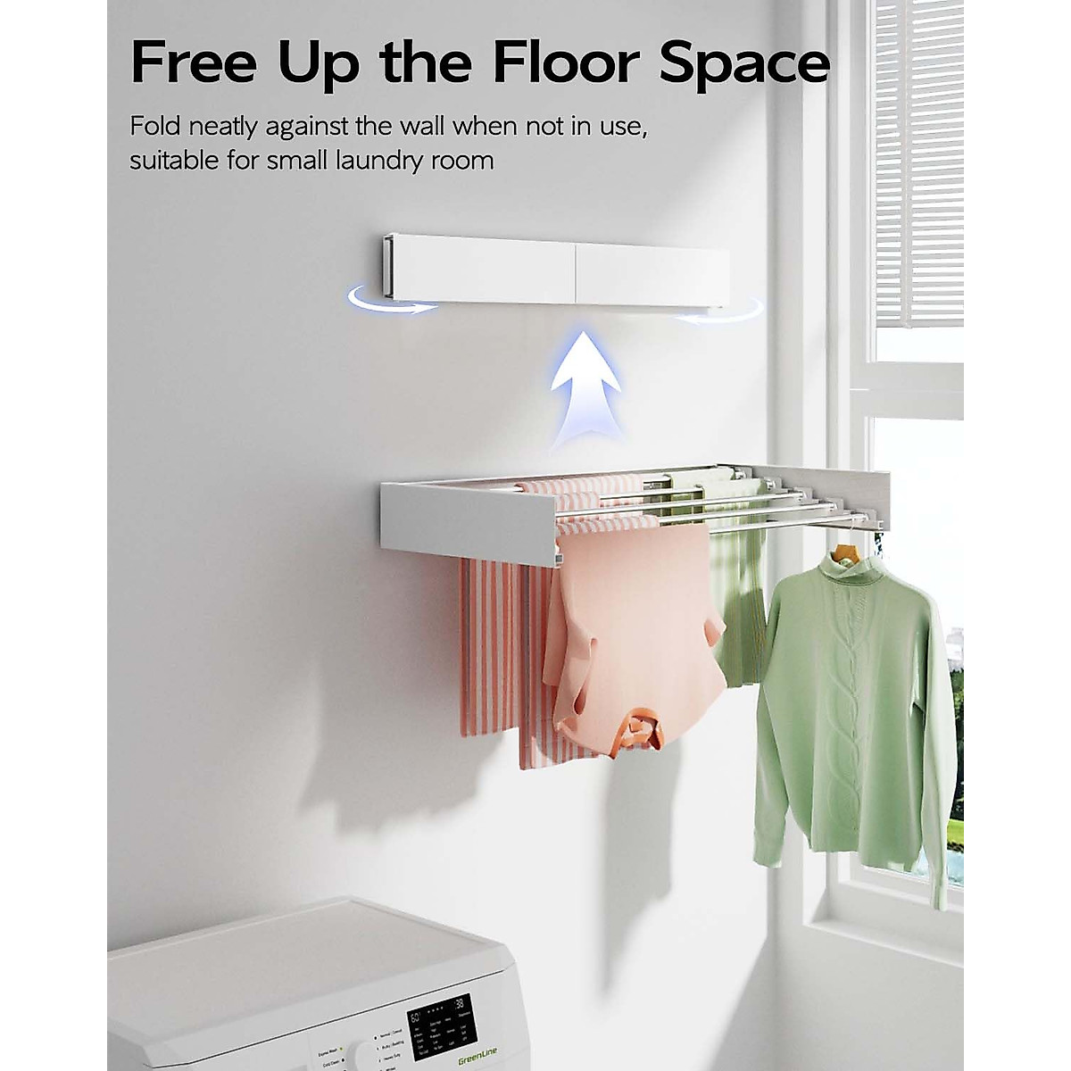 Vikaqi Wall Mounted Clothes Drying Rack, Foldable Wall Mount Laundry Drying Rack Folding Indoor, Drying Rack Clothing Collapsible, Towel Drying Rack with Wall Template, 5 Rods, 32", White