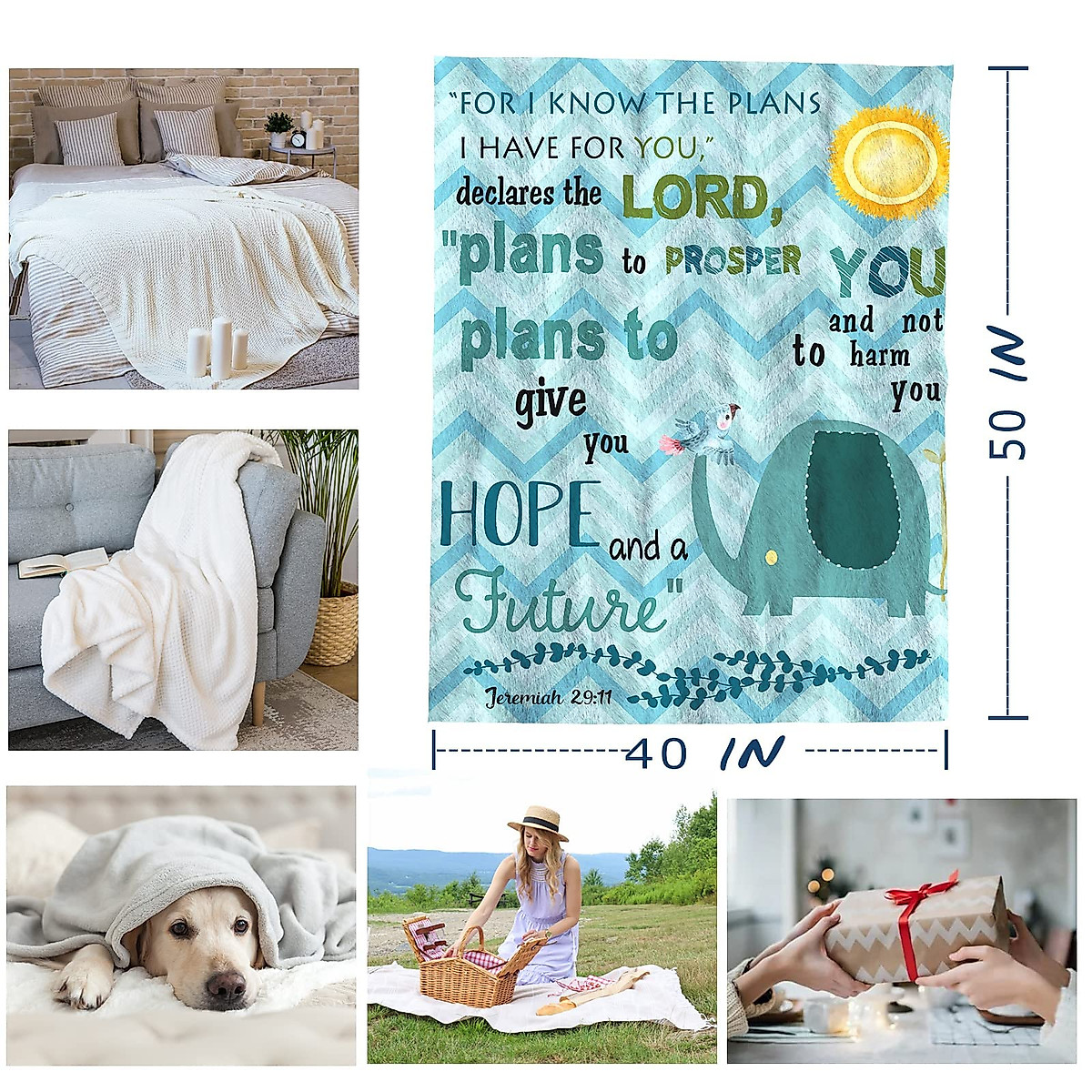 Yamco Elephant Throw Blanket - Christian Gifts for Kids - Religious for Christian Friends 50" x 40" Blankets - Bible Verse Church Catholic Gift - Baby Shower First Communion Ideas - Confirmation Gifts