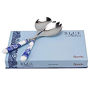 Spode Blue Italian Collection Salad Servers | 2 Piece Spoon and Fork Set | 10 Inch | Blue and White | Made of Porcelain and Stainless Steel | Italian Countryside Design