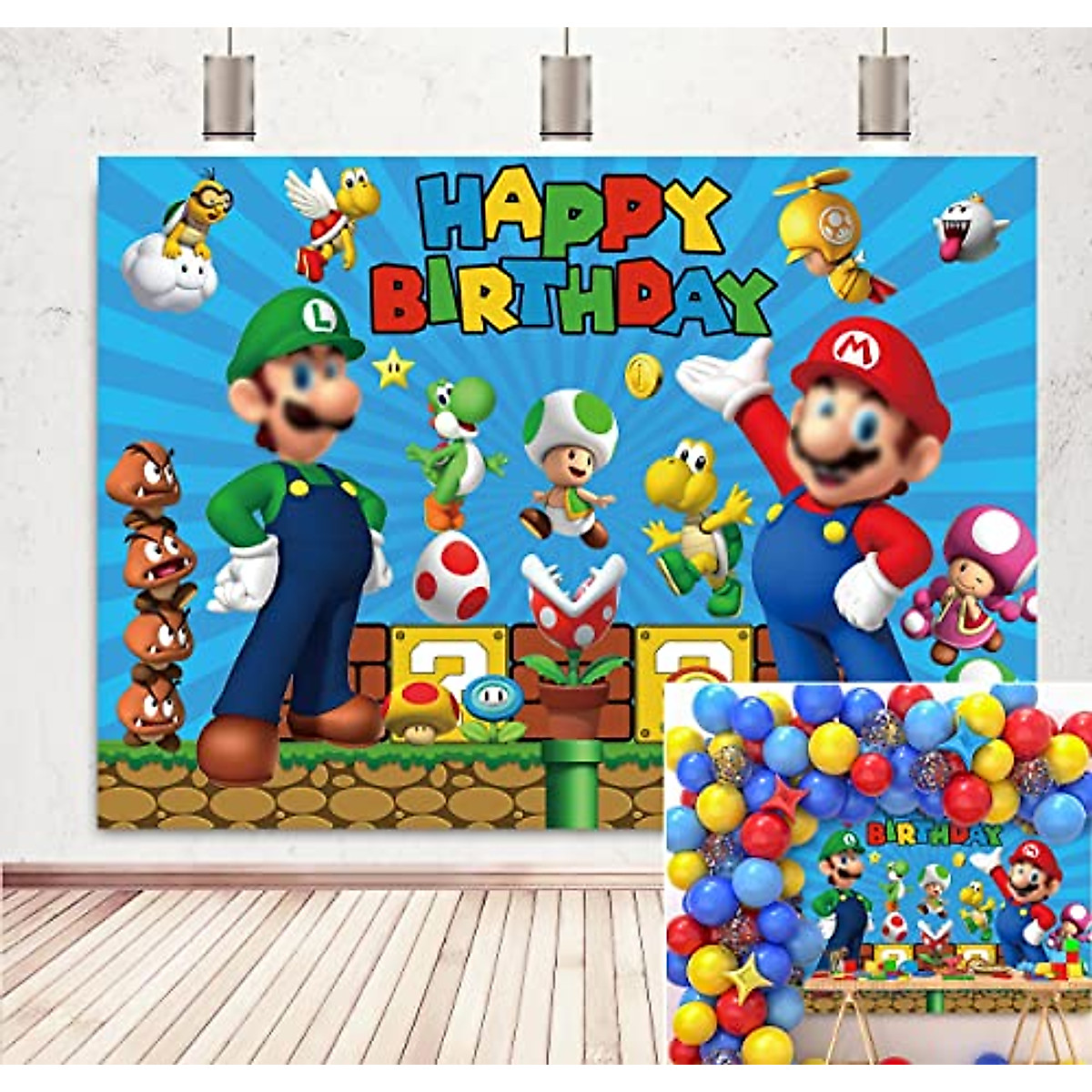 Super Brother Cartoon Backdrop Background Gold Coin Video Game Mushroom Blue Happy Birthday Backdrop for Kids Baby Shower Party Supplies Cake Table Banner Photo Booth Studio Props 7x5FT