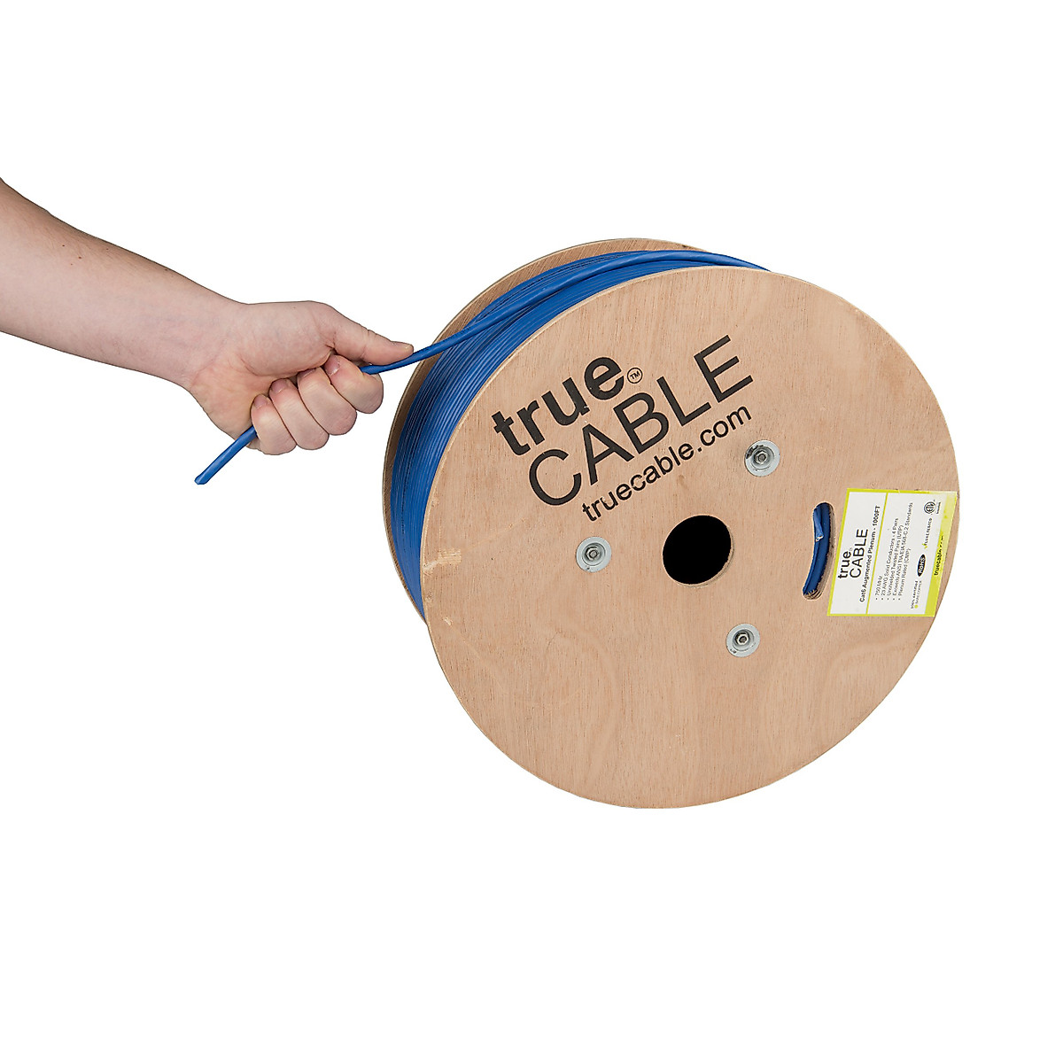 trueCABLE Cat6A Plenum (CMP), 1000ft, Blue, 23AWG 4 Pair Solid Bare Copper, 750MHz, PoE++ (4PPoE), ETL Listed, Unshielded Twisted Pair (UTP), Bulk Ethernet Cable